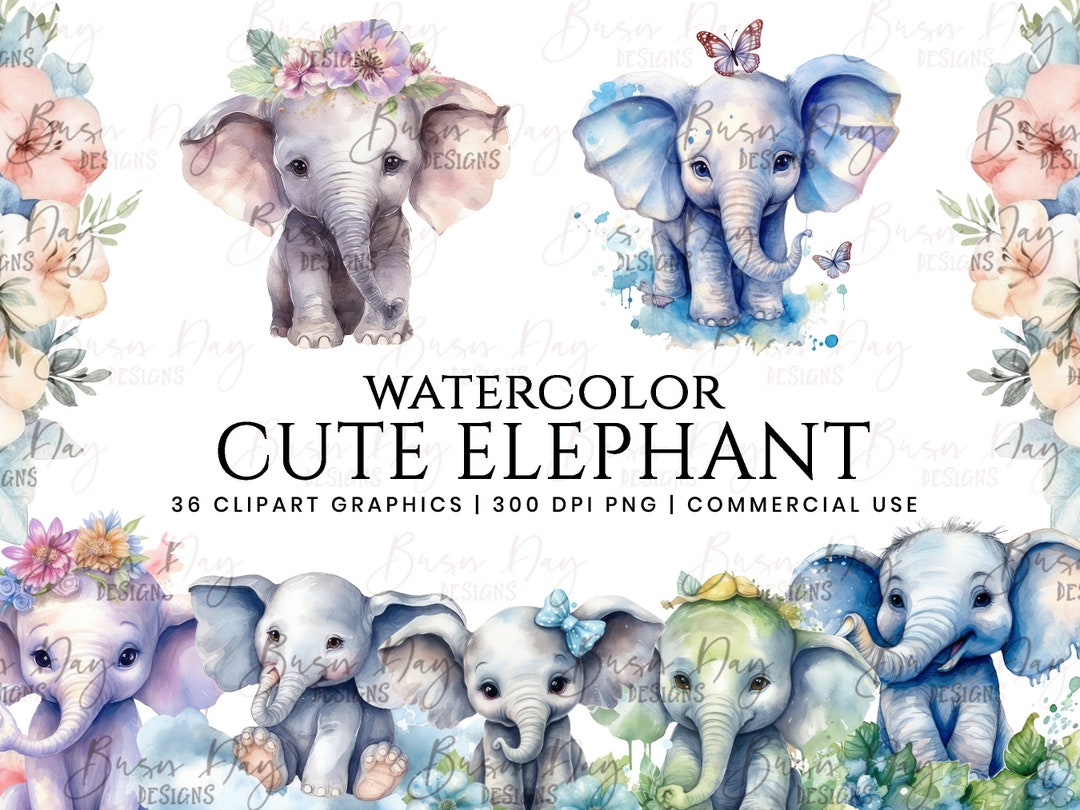 36 Watercolor Cute Elephant Clipart Bundle , Clipart Bundle, Commercial ...