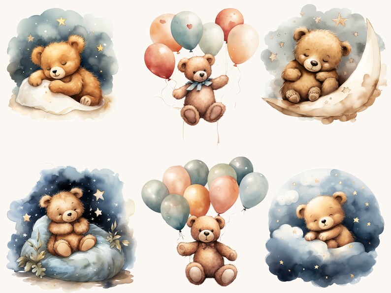 24 Watercolor Cute Teddy Bear Clipart Bundle Sublimation Designs ...