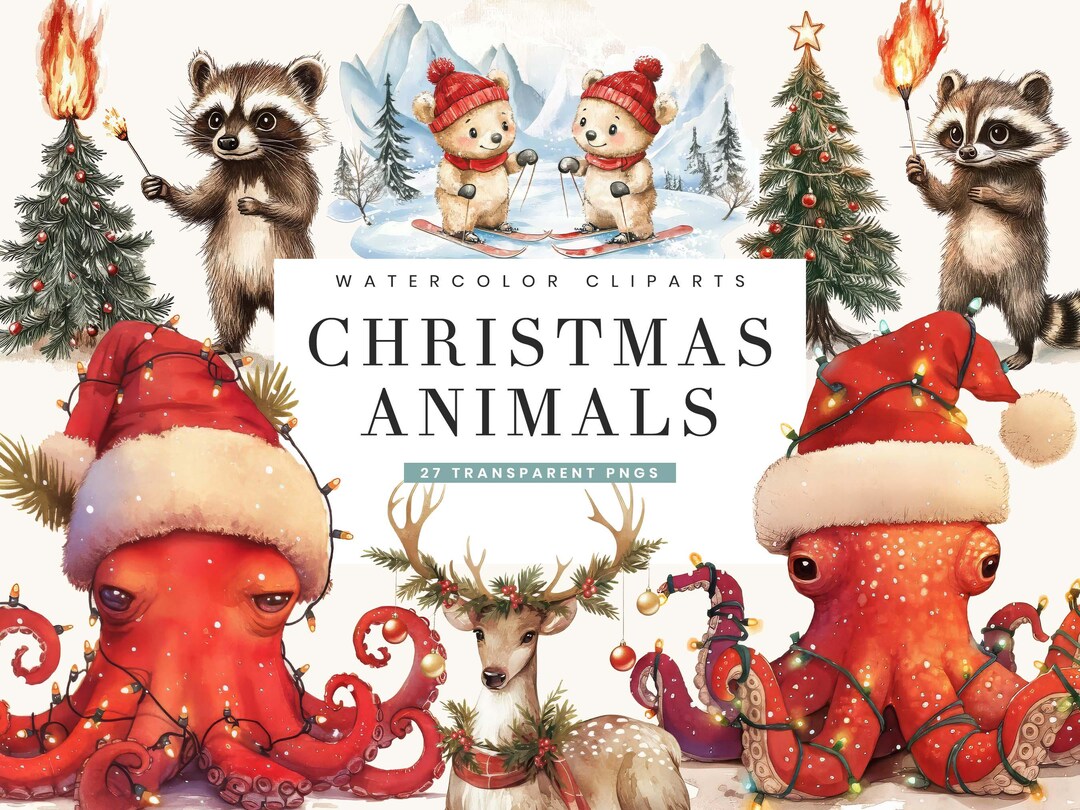 Watercolor Christmas Animals Clipart: Festive PNG Bundle (digital ...