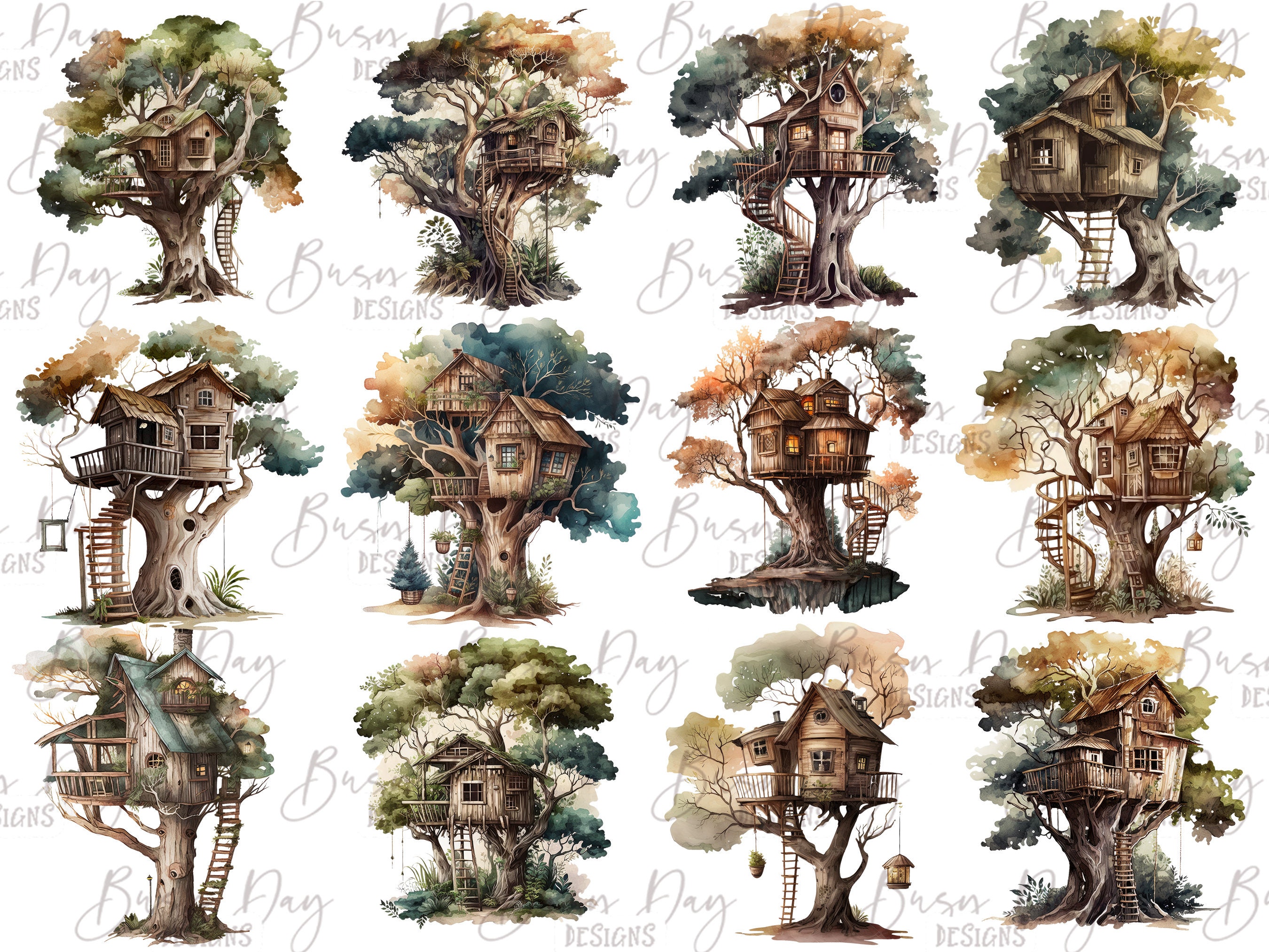 Watercolor Treehouse Clipart Commercial Use Digital - Etsy