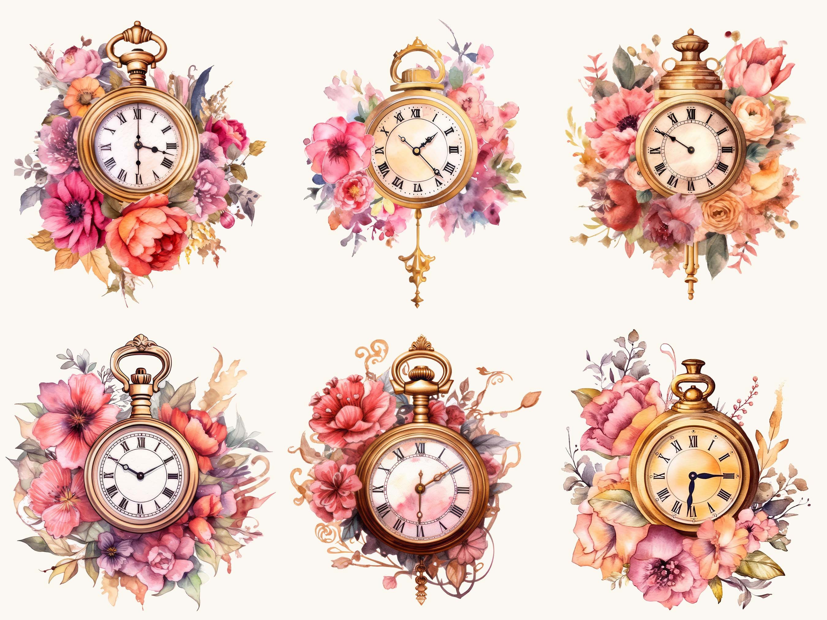 Watercolor Ornate Clocks Clipart Bundle: 29 PNG Designs (digital ...