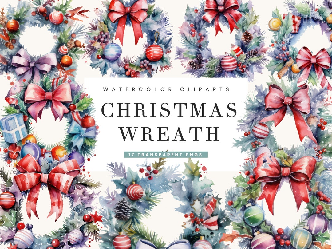 17 Watercolor Christmas Wreath Clipart Bundle Printable Art Digital ...