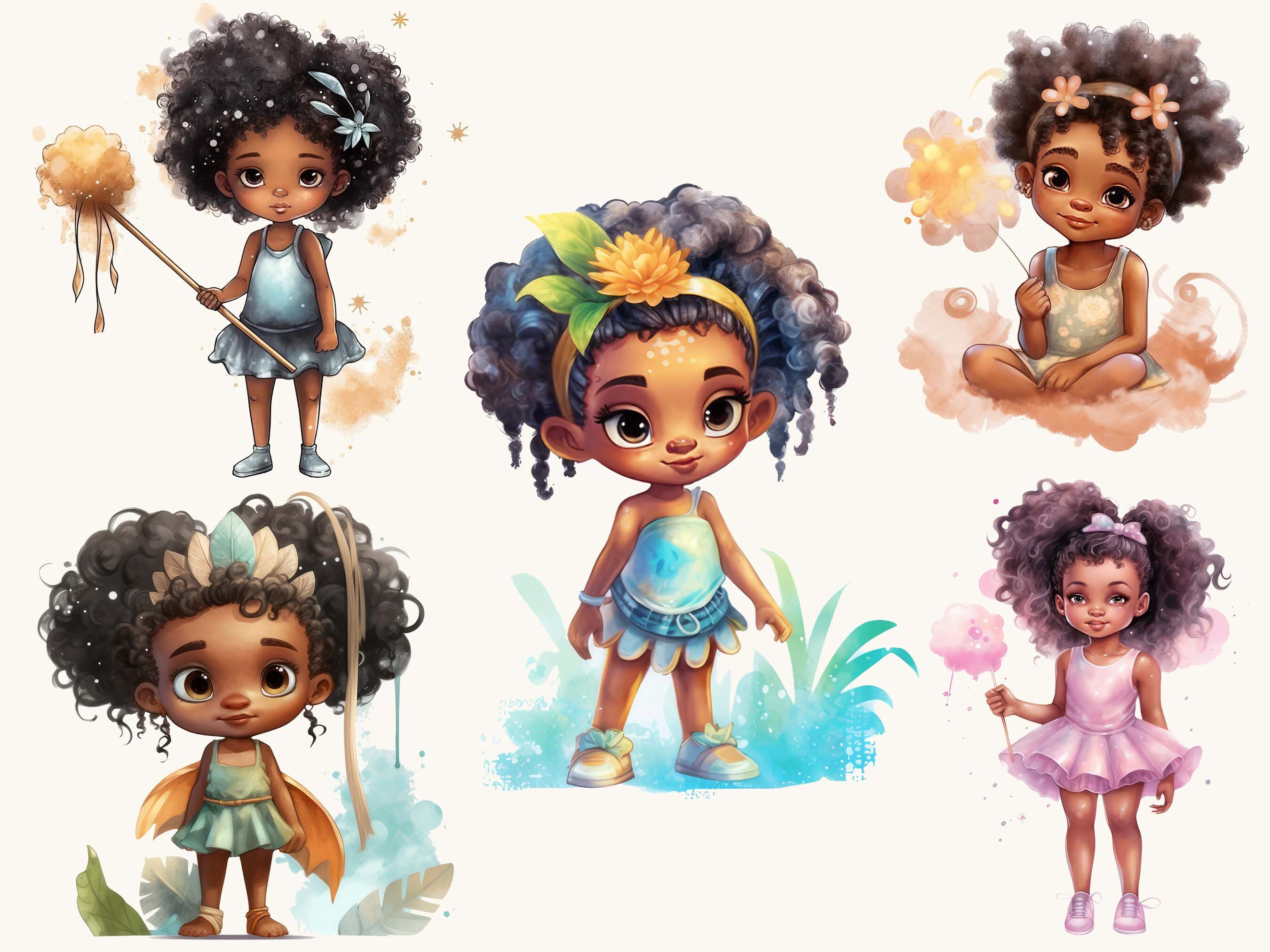 29 Watercolor Cute Little Black Girl Clipart Bundle , Watercolor ...