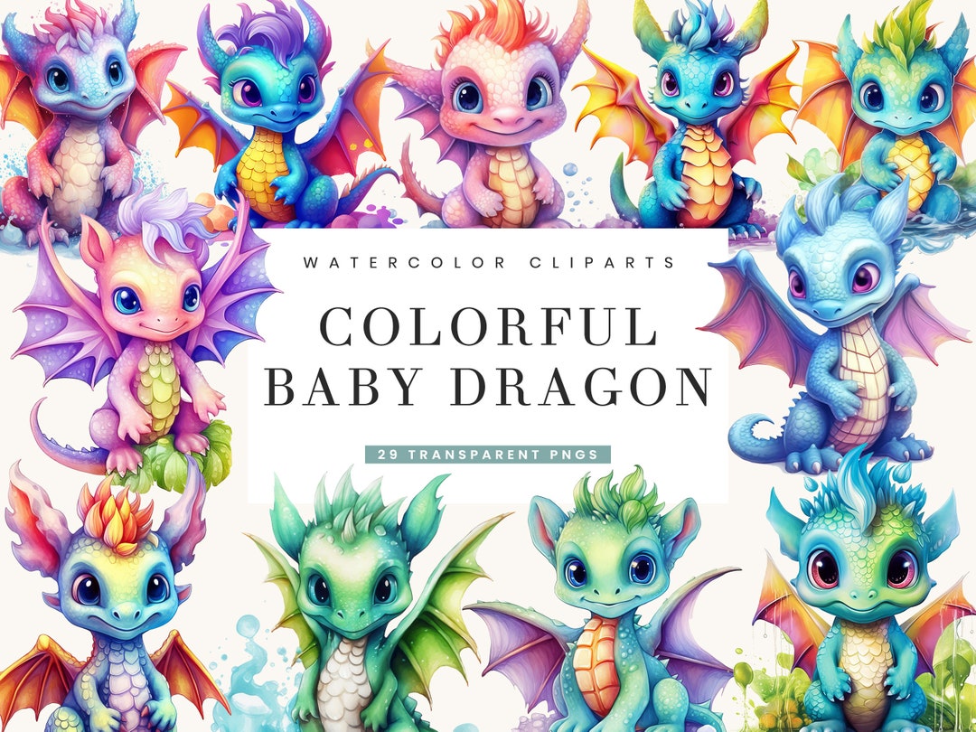 29 Watercolor Colorful Baby Dragon Clipart Bundle, Sublimation Designs ...