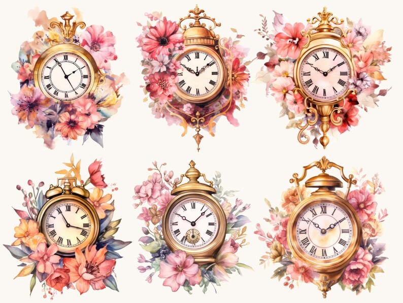 Watercolor Ornate Clocks Clipart Bundle: 29 PNG Designs (digital ...