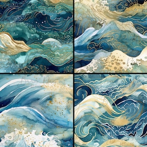Abstract Ocean Digital Paper: Watercolor Wave Clipart (digital Download ...