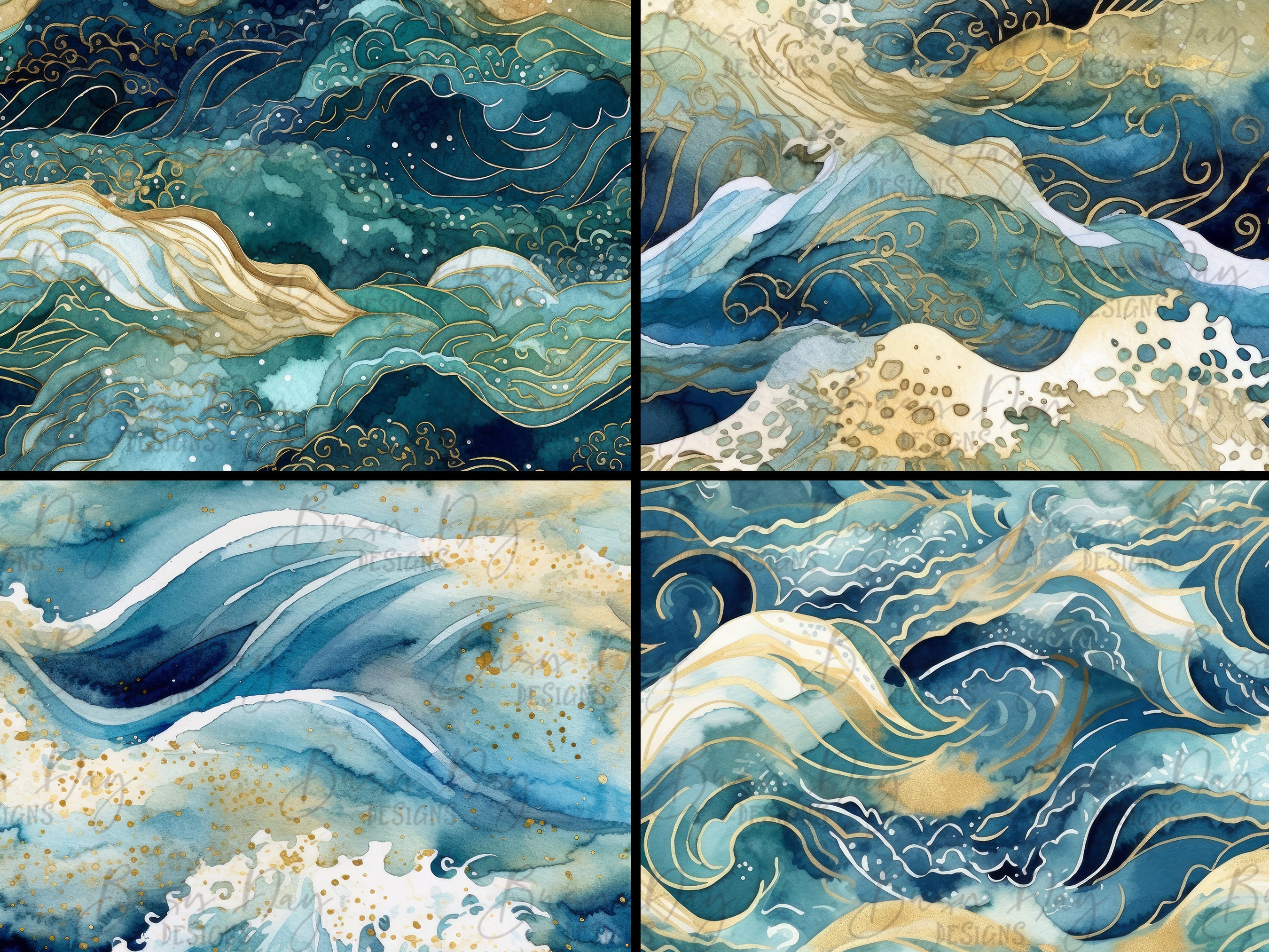 Abstract Ocean Digital Paper: Watercolor Wave Clipart (digital Download ...