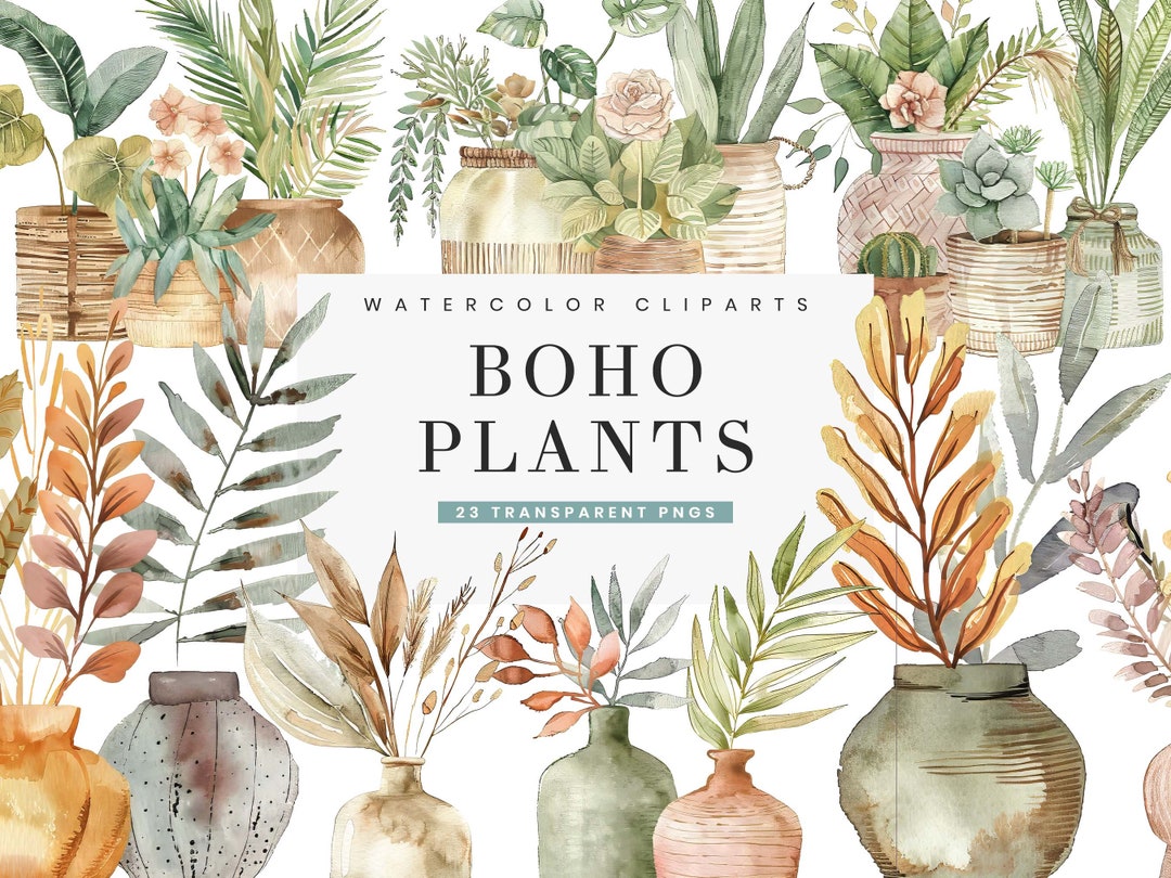 23 Watercolor Boho Indoor Plants Clipart Bundle Sublimation Designs ...