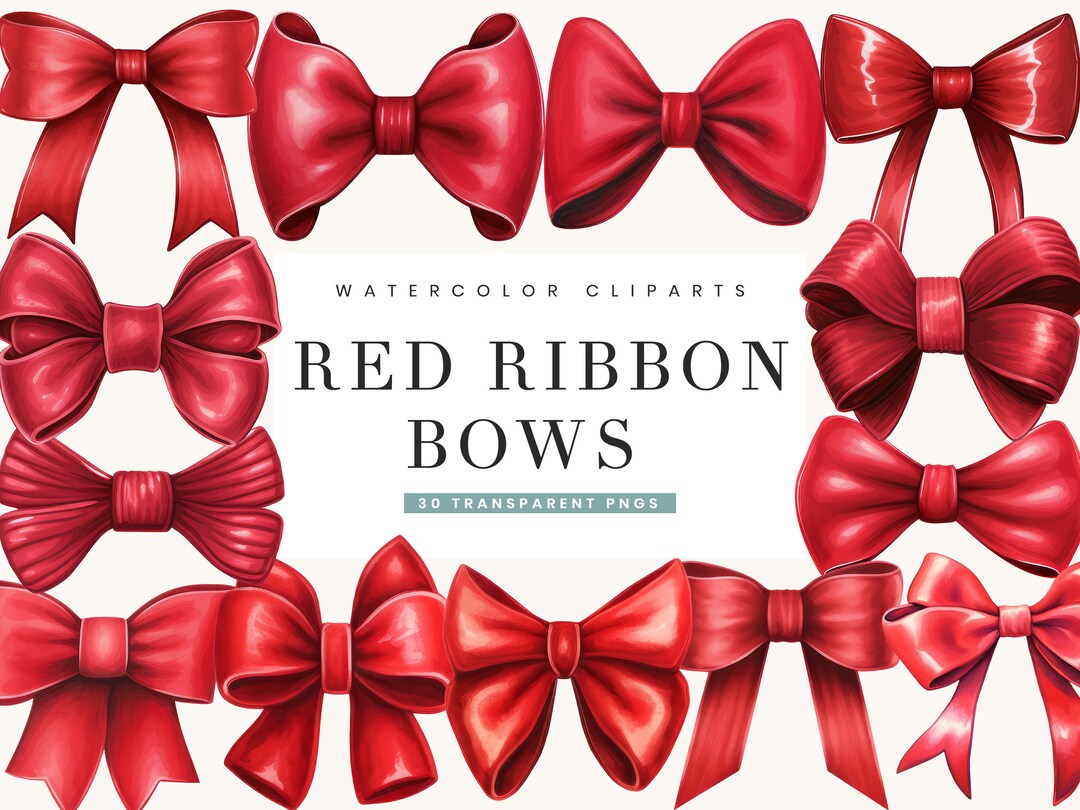 Watercolor Red Ribbon Bows Clipart: 30 PNG Designs (digital Download ...