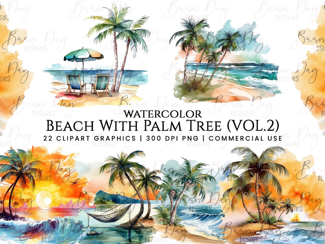 Watercolor Beach Palm Tree Clipart: PNG Bundle (digital Download) - Etsy