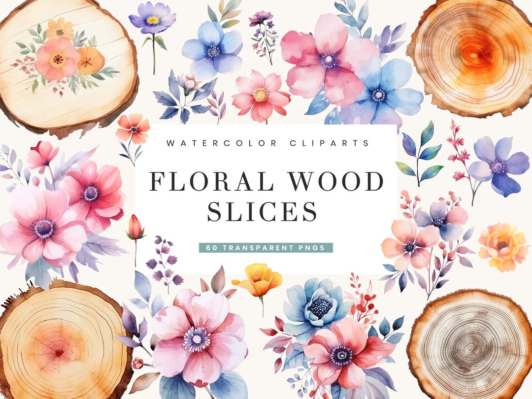 Watercolor Floral Wood Slices Clipart: 61 PNG Bundle (digital Download ...