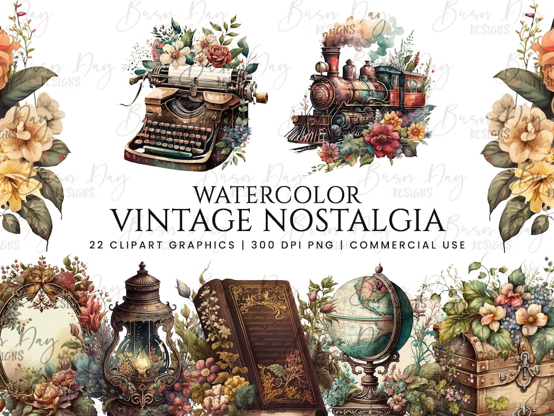Watercolor Vintage Nostalgia Clipart: 22 PNG Graphics (digital Download ...