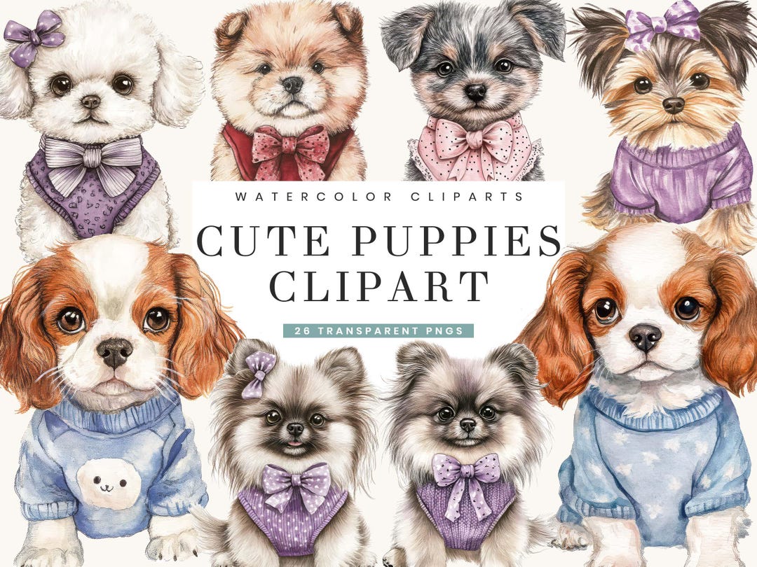 26 Watercolor Cute Puppies Clipart Bundle Sublimation Designs, Digital ...
