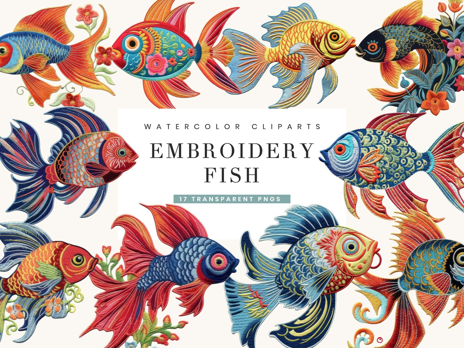 17 Watercolor Embroidery Fish Clipart Bundle Digital Download Printable ...