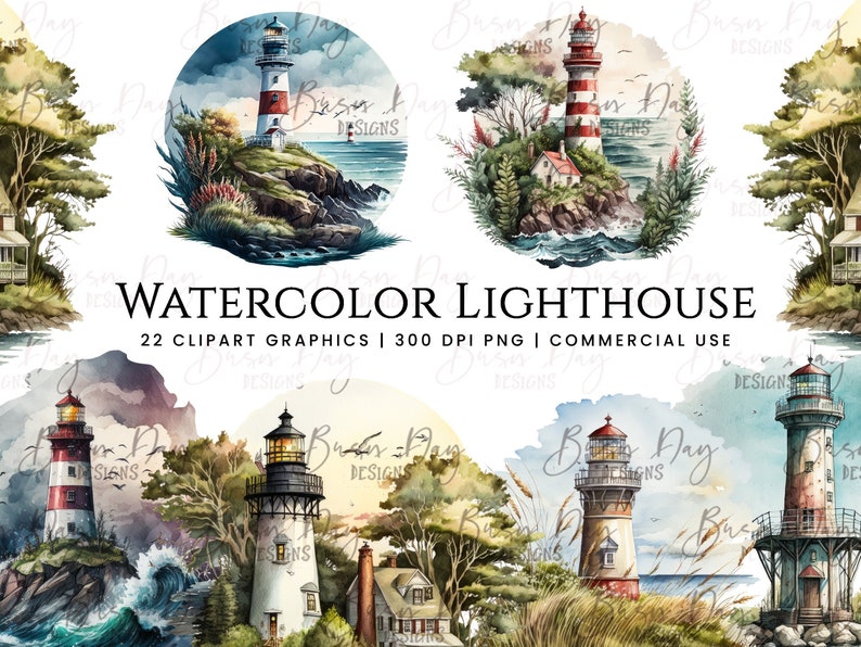 Watercolor Lighthouse Clipart Bundle: 22 PNG Designs (digital Download ...