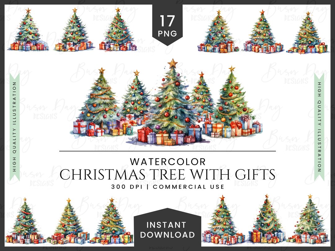 Watercolor Christmas Tree With Gifts Clipart Bundle Digital - Etsy