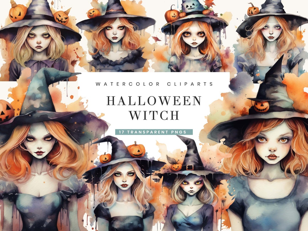 17 Watercolor Halloween Witch Clipart Bundle Printable Wall Art Digital ...