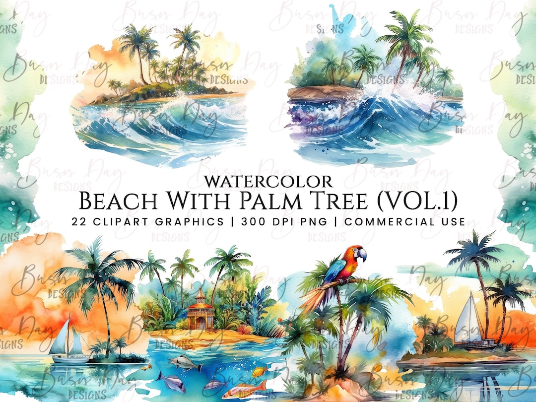 Watercolor Beach Palm Tree Clipart Bundle (22 PNG) Digital Download - Etsy
