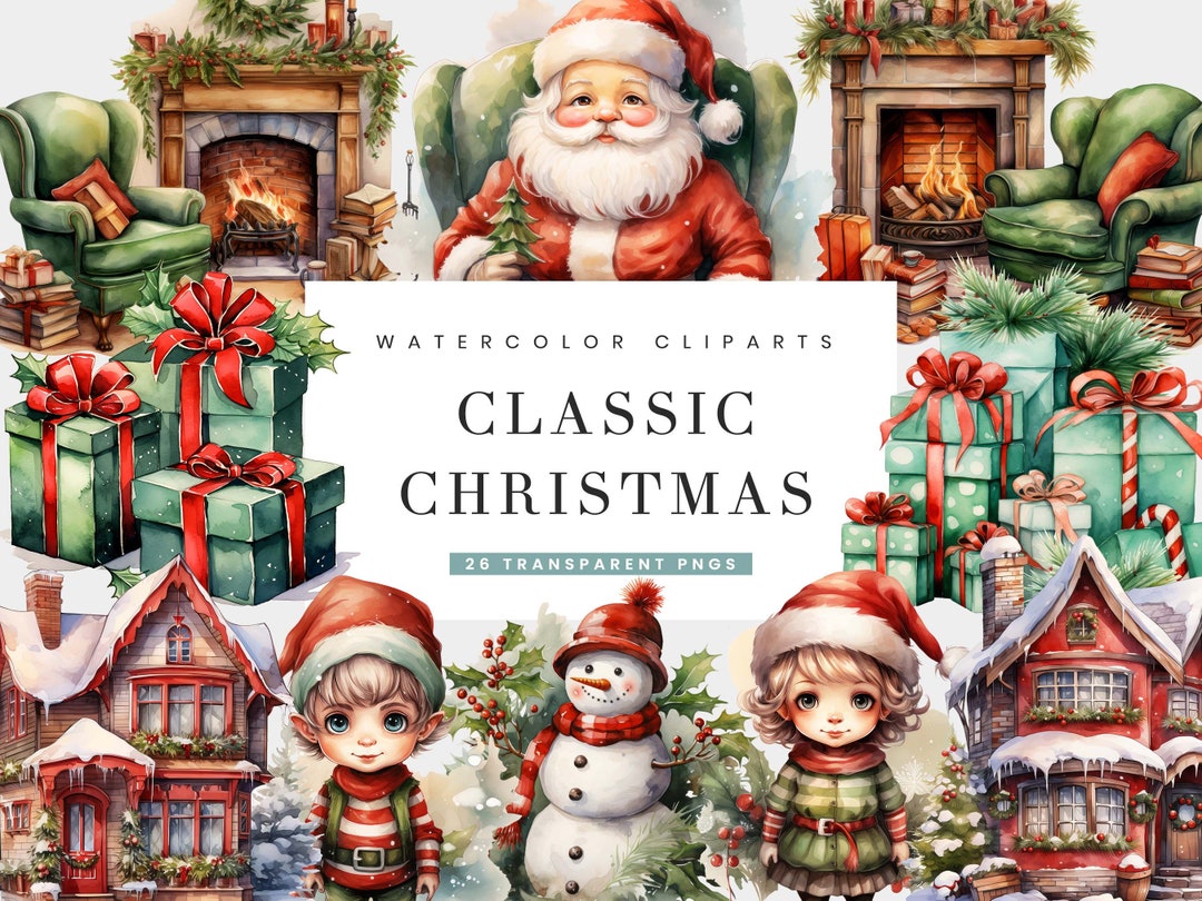 26 Watercolor Classic Christmas Clipart Bundle Digital Download ...
