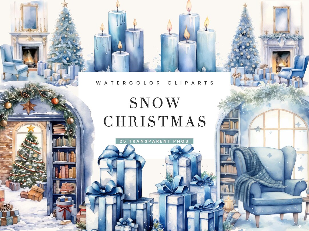 Watercolor Snow Christmas Clipart Bundle: 25 PNG Designs (digital ...