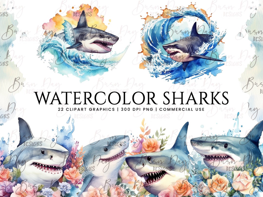 Watercolor Sharks Clipart Bundle, Digital Download, Digital Paper ...