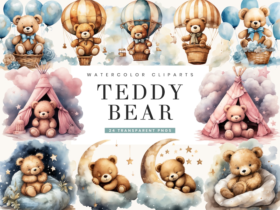 24 Watercolor Cute Teddy Bear Clipart Bundle Sublimation Designs ...