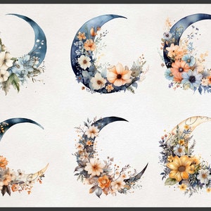 23 Watercolor Floral Moon Clipart Bundle Sublimation Designs Digital ...