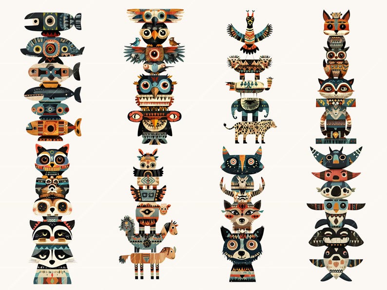Watercolor Totem Pole Clipart Bundle, Animal Prints (digital Download ...