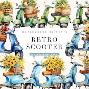 17 Watercolor Retro Scooter Clipart Bundle Sublimation Designs Digital ...