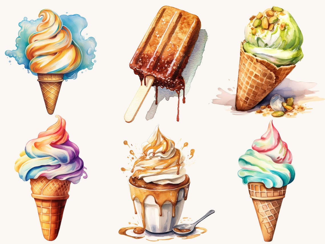 30 Watercolor Ice Cream Clipart Bundle , Watercolor Clipart, Digital ...