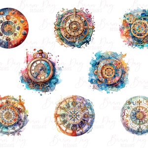 Watercolor Celestial Time Wheel Clipart: 28 PNG Graphics (digital ...