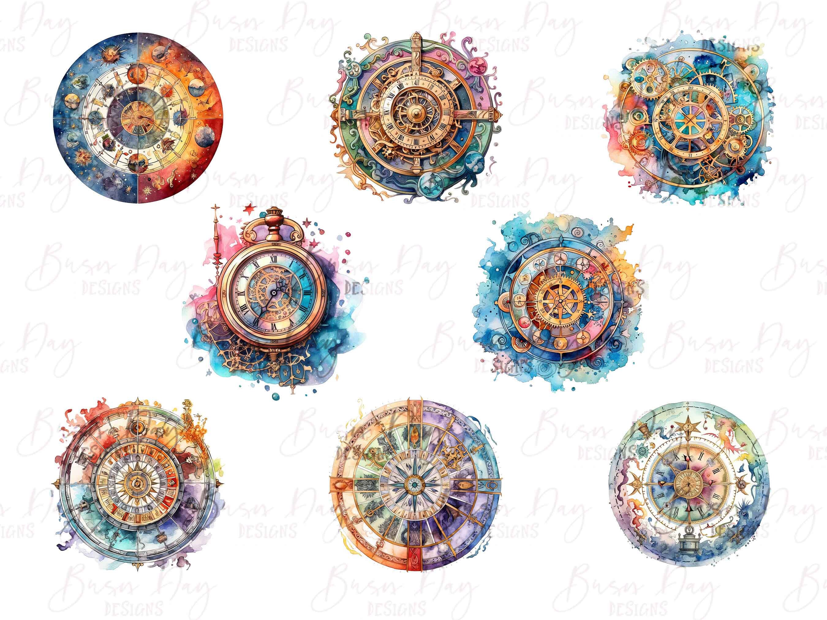 Watercolor Celestial Time Wheel Clipart: 28 PNG Graphics (digital ...