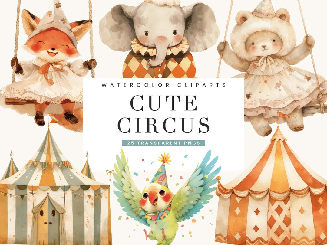 25 Watercolor Cute Circus Clipart Bundle Sublimation Designs Digital ...