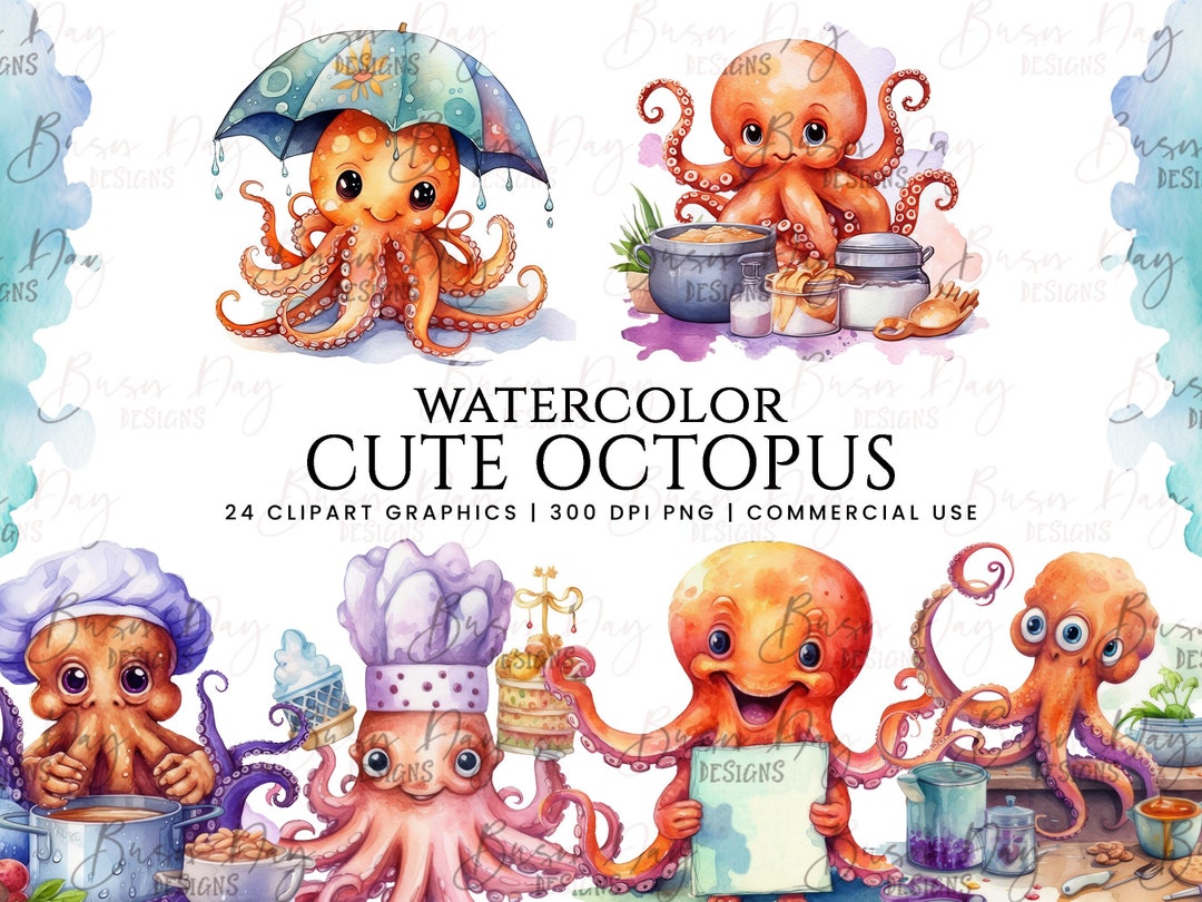 24 Watercolor Octopus Clipart Bundle, Digital Download, Digital Paper ...