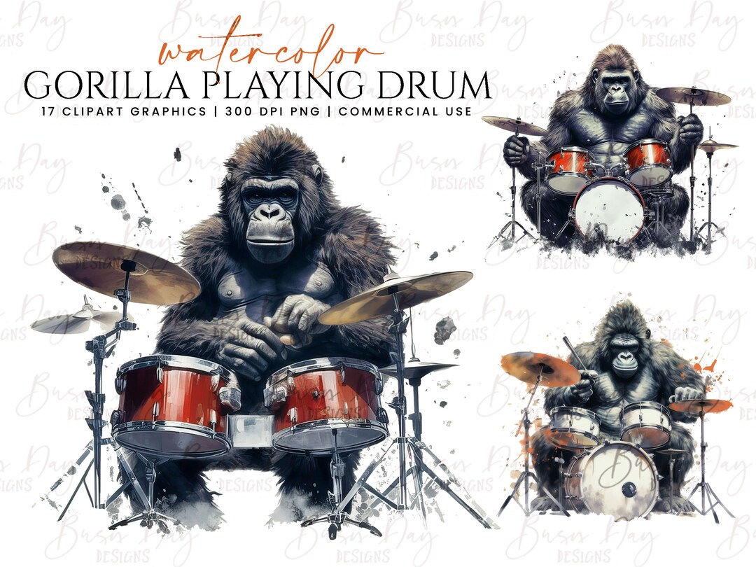 Watercolor Gorilla Playing Drum Clipart Bundle Digital - Etsy