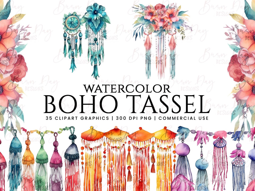 35 Watercolor Boho Tassel Clipart Bundle, Clipart Bundle, Commercial ...