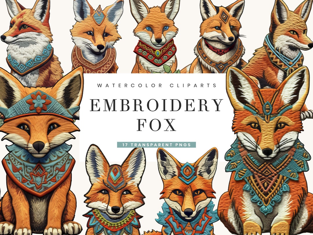 Watercolor Embroidery Fox Clipart Bundle: 17 PNG Designs (digital ...