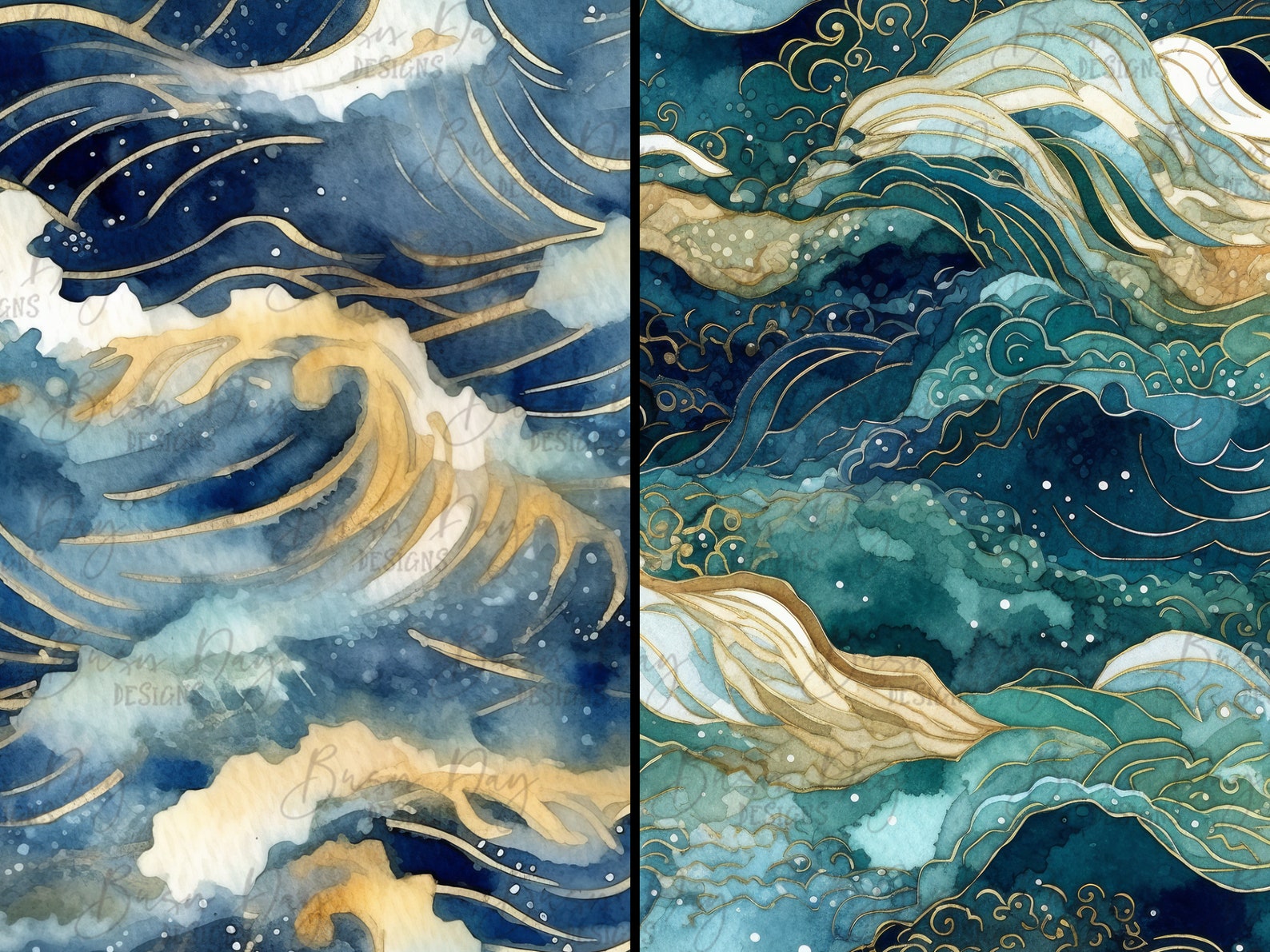 Abstract Ocean Digital Paper: Watercolor Wave Clipart (digital Download ...