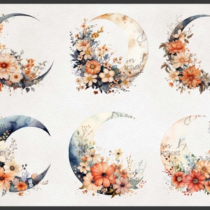 23 Watercolor Floral Moon Clipart Bundle Sublimation Designs Digital ...