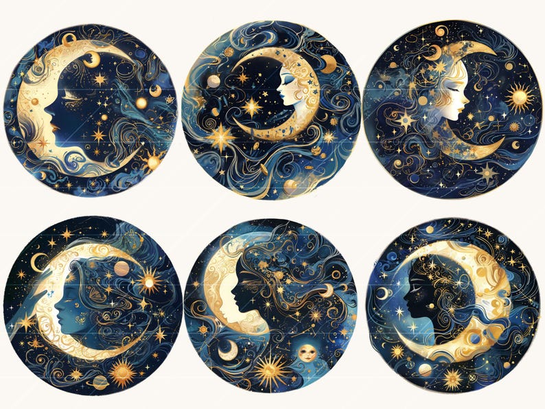 Watercolor Mystical Moon Clipart: Celestial PNG Bundle (digital ...
