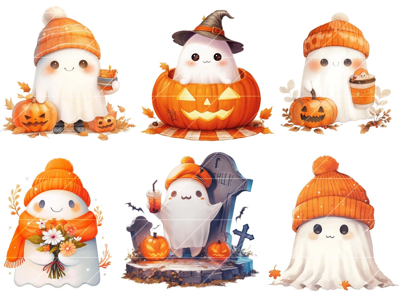 25 Watercolor Cute Cloth Ghost Clipart Bundle Sublimation Designs ...