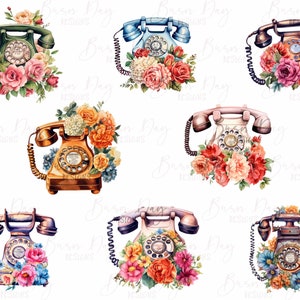 Watercolor Telephone Clipart Bundle: Floral PNG Graphics (digital ...