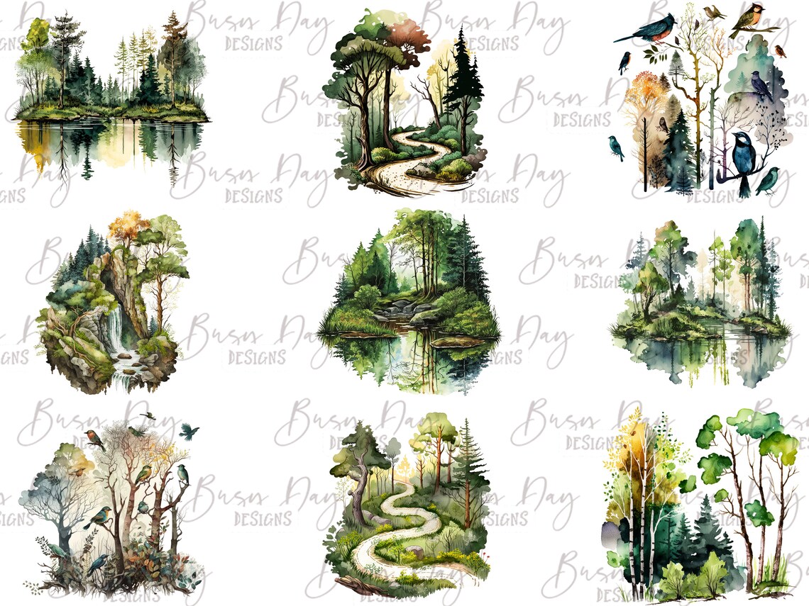 Watercolor Forest Trees Clipart Bundle: Commercial Use (digital ...