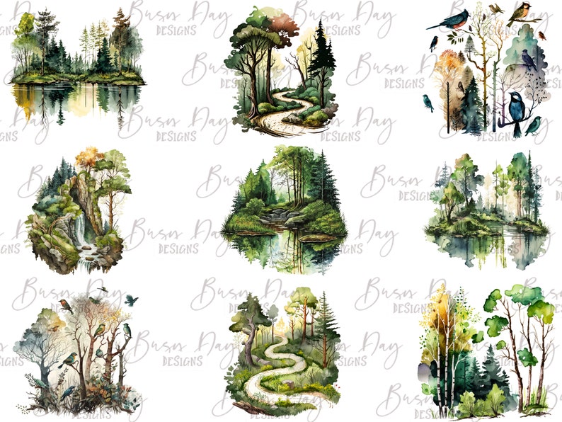 Watercolor Forest Trees Clipart Bundle: Commercial Use (digital ...