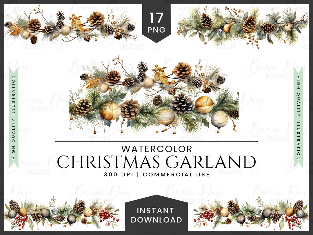 Watercolor Christmas Garland Clipart Bundle Sublimation Designs ...