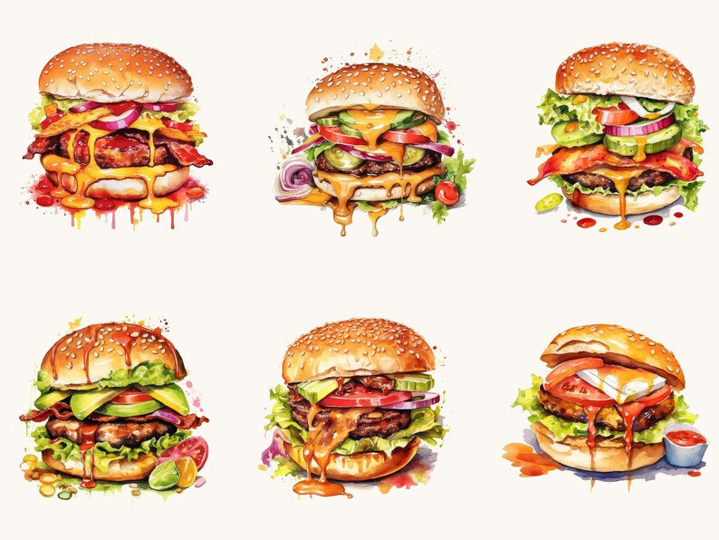 Watercolor Burger Clipart Bundle: 30 PNG Designs (digital Download) - Etsy