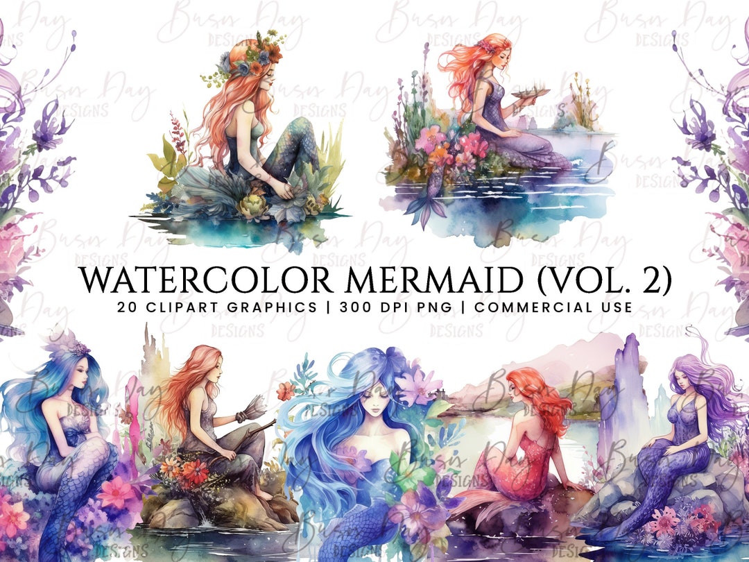 Watercolor Mermaid Clipart Bundle: Vol 2, PNG Graphics (digital ...