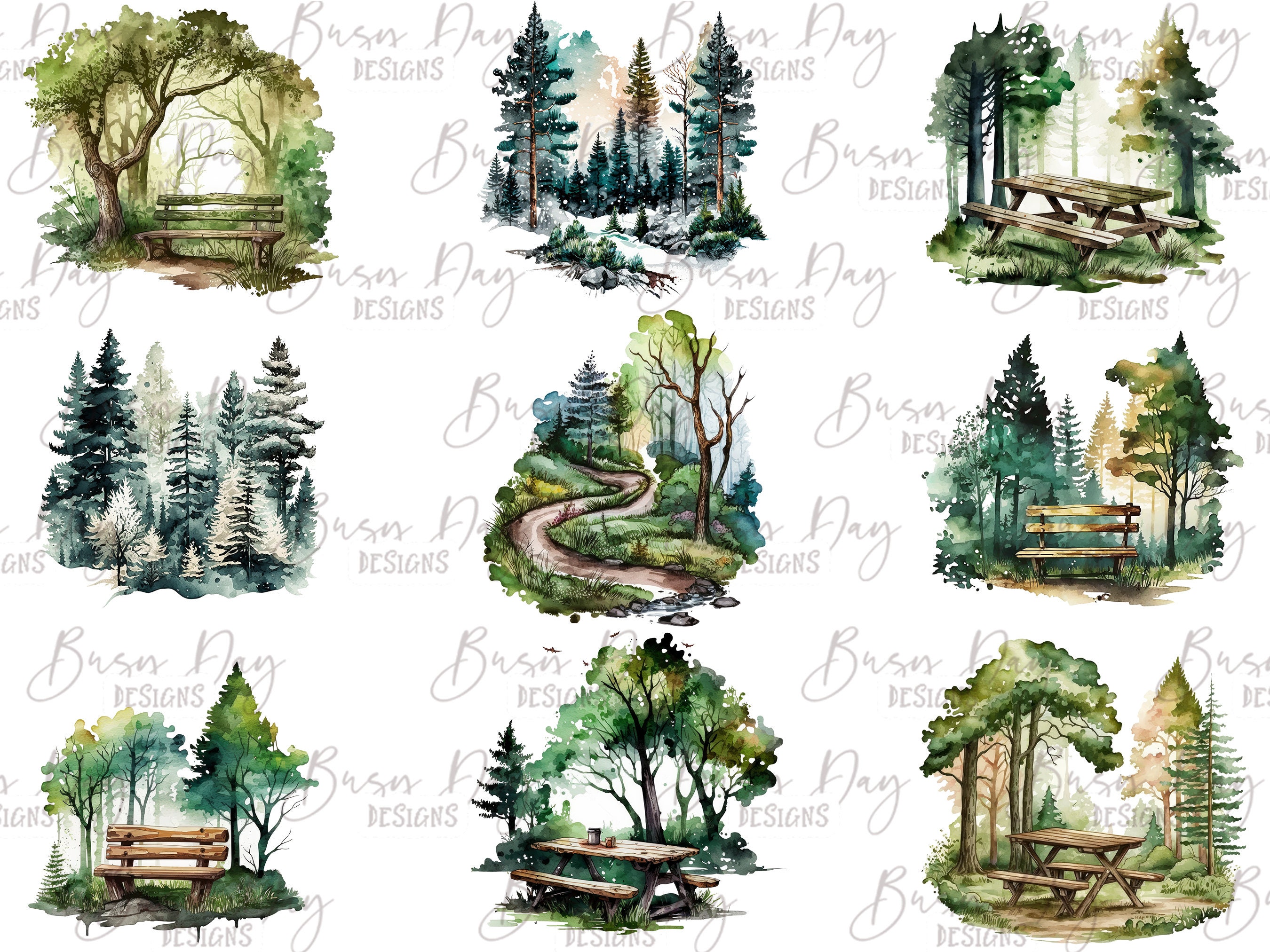 Watercolor Forest Trees Clipart Bundle: Commercial Use (digital ...