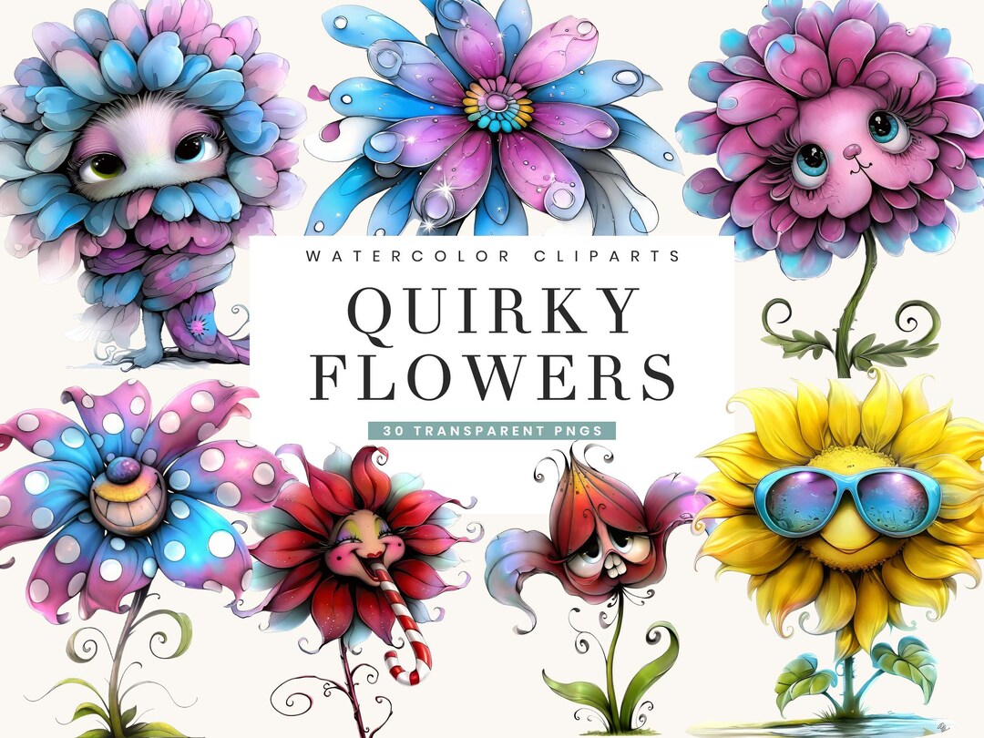 30 Watercolor Quirky Flowers Clipart Bundle Sublimation Designs Digital ...