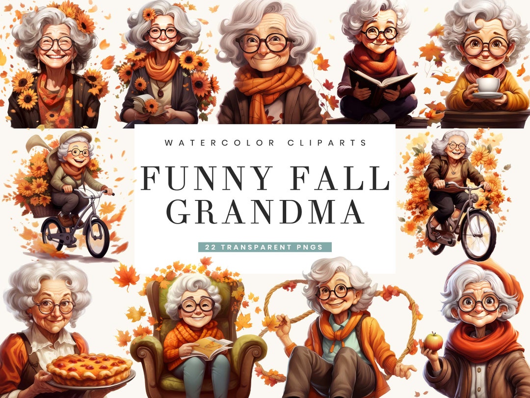 Watercolor Funny Fall Grandma Clipart Bundle: 22 PNG Designs (digital ...